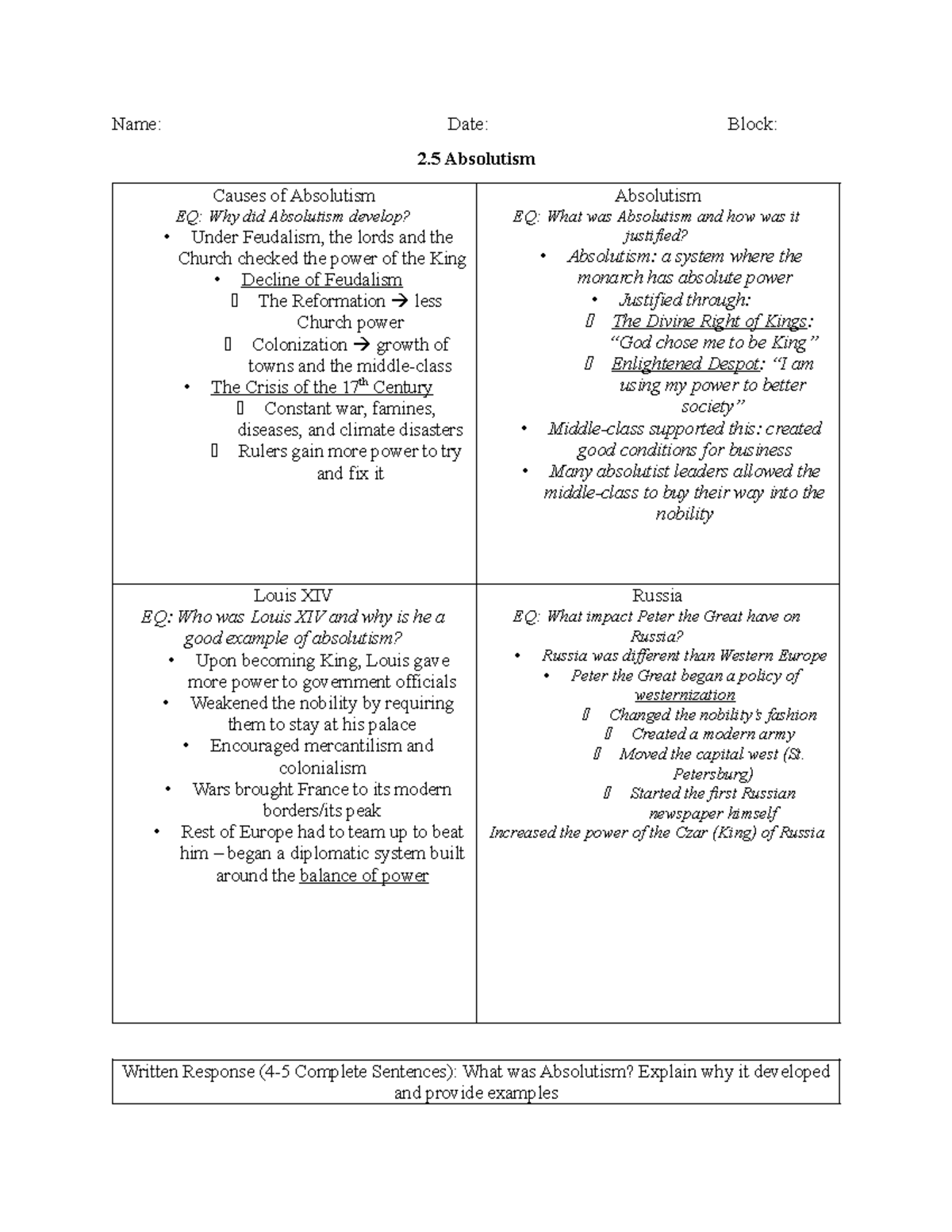 2.5 Absolutism - History - Name: Date: Block: 2 Absolutism Causes of ...