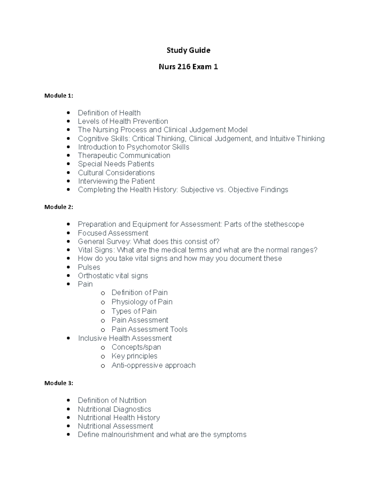 Study guide exam 1 Nurs 216 - Study Guide Nurs 216 Exam 1 Module 1 ...