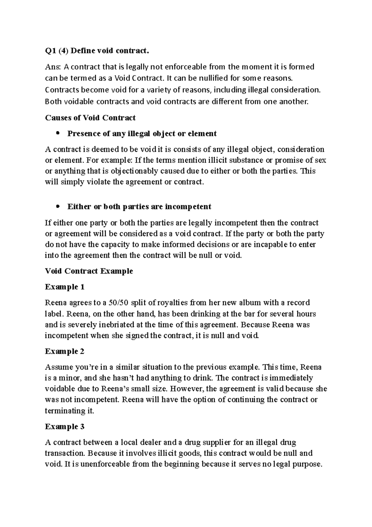 Contracts Notes - Q1 (4) Define void contract. Ans: A contract that is ...