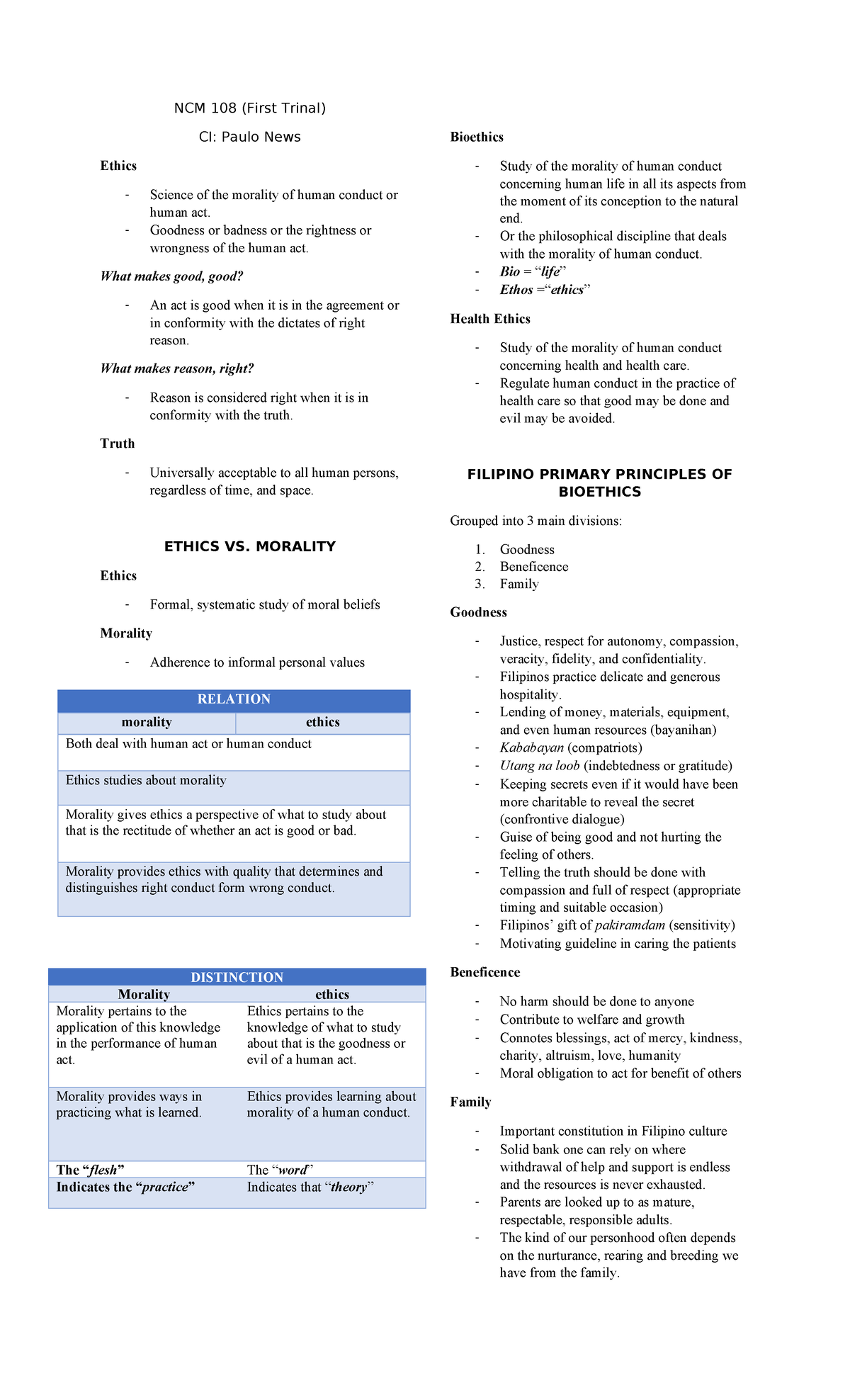 NCM 108 Bioethics Trinal - NCM 108 (First Trinal) CI: Paulo News Ethics ...