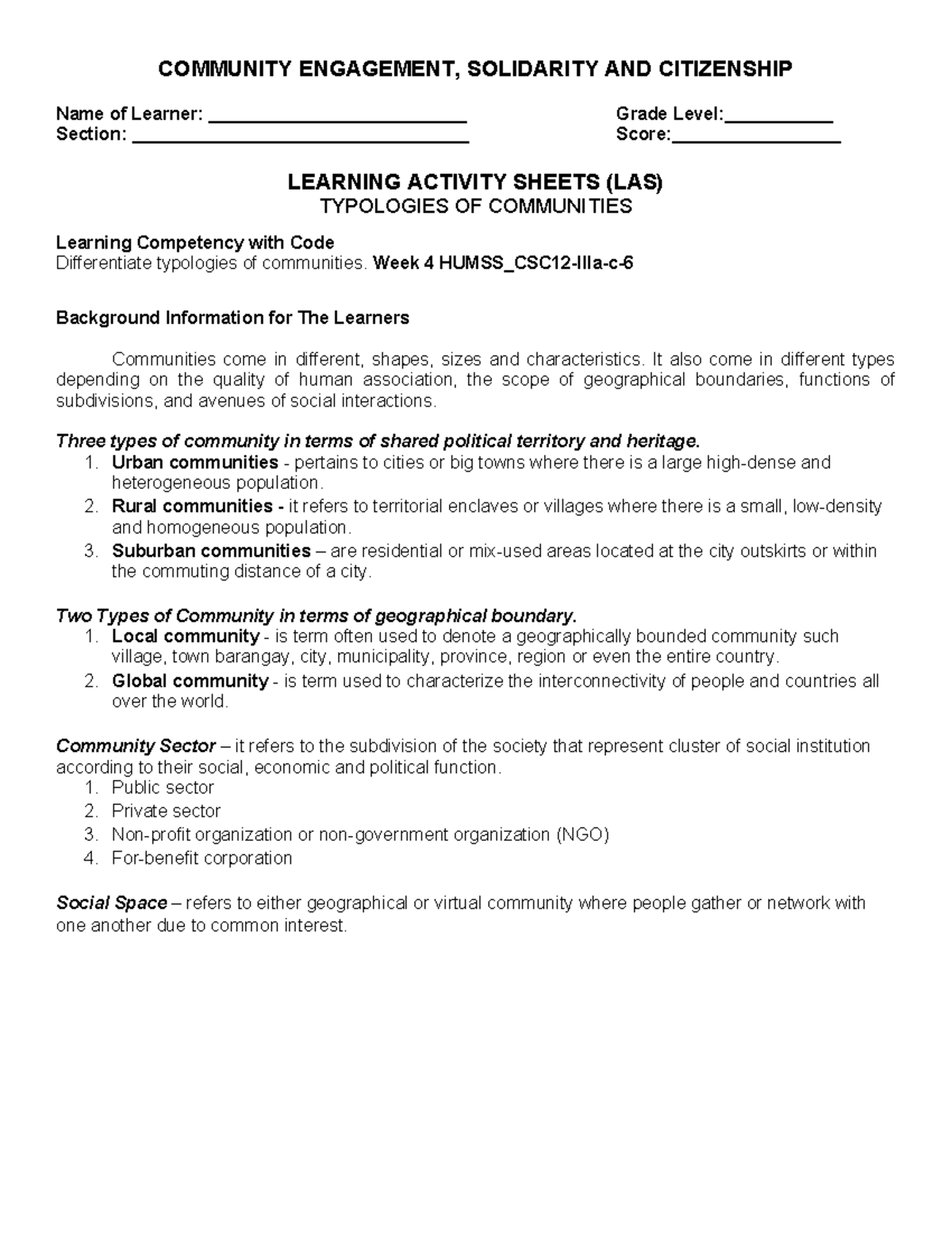 LAS Community Engagement - COMMUNITY ENGAGEMENT, SOLIDARITY AND ...