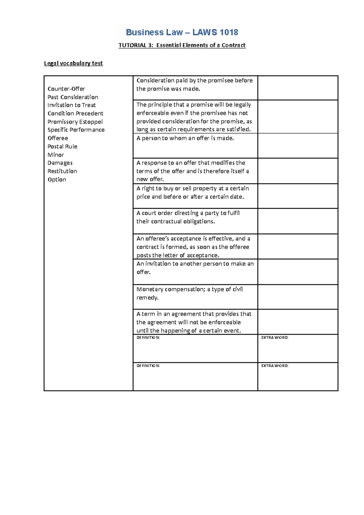Tutorial 3 - Essential Elements of a Contract - Worksheet - NO Answers ...