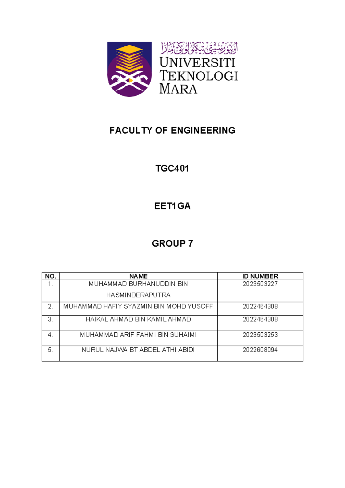 Group 7 First Draft Script - FACULTY OF ENGINEERING TGC EET1GA GROUP 7 ...