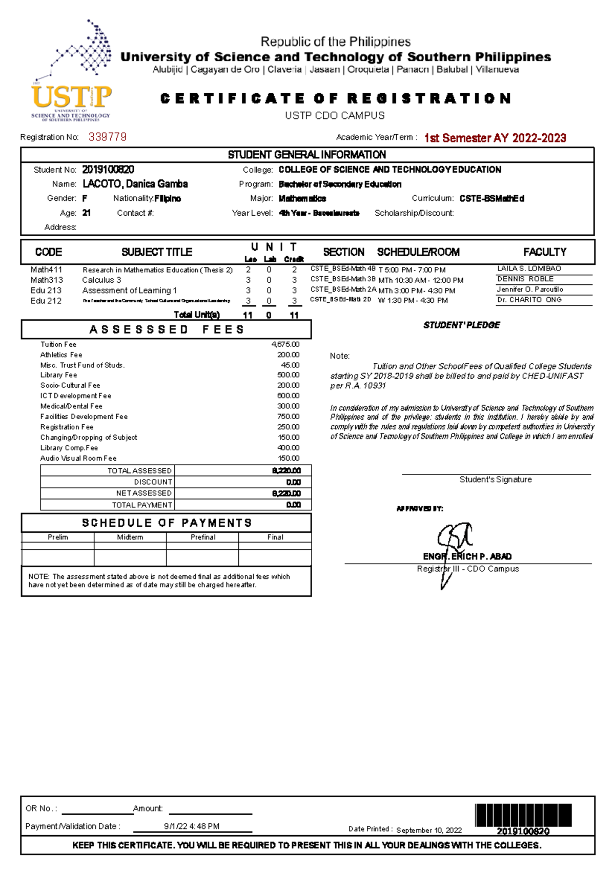 Student actual load ustp - C E R T I F I C A T E O F R E G I S T R A T ...