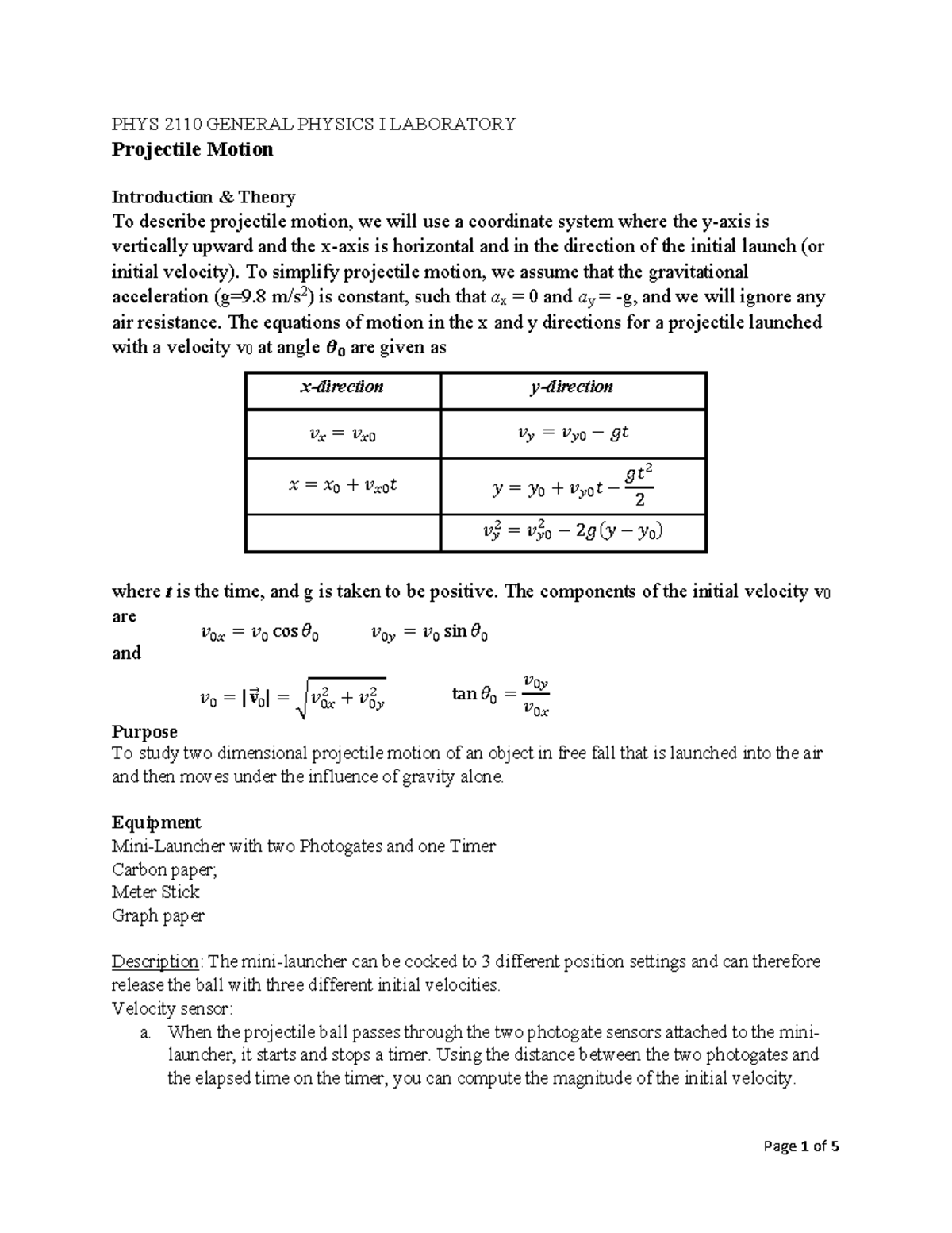 Lab 03 Projectile Motion rev 08-10-2022 - PHYS 2110 GENERAL PHYSICS I ...