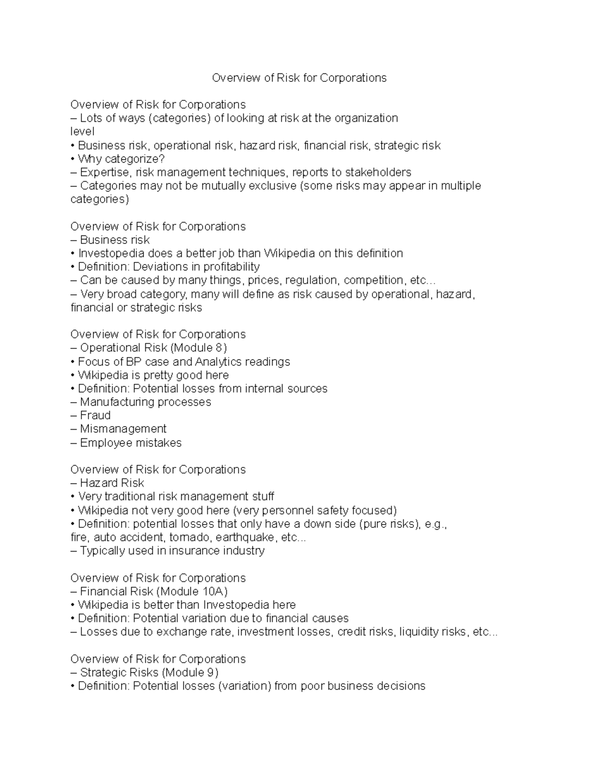 Module 8 Notes - Overview of Risk for Corporations Overview of Risk for ...