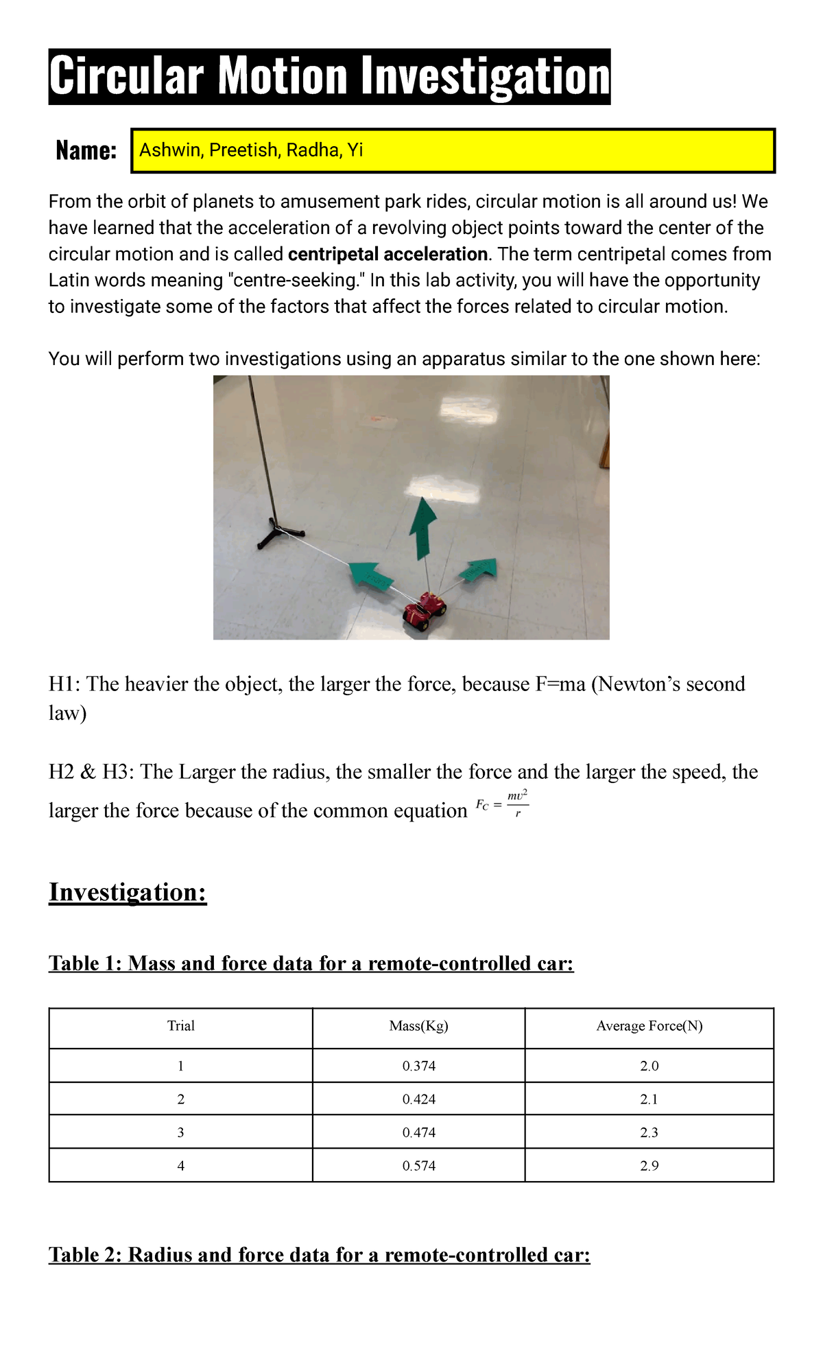 Circular Motion Investigation - constant motion cart - Circular Motion ...