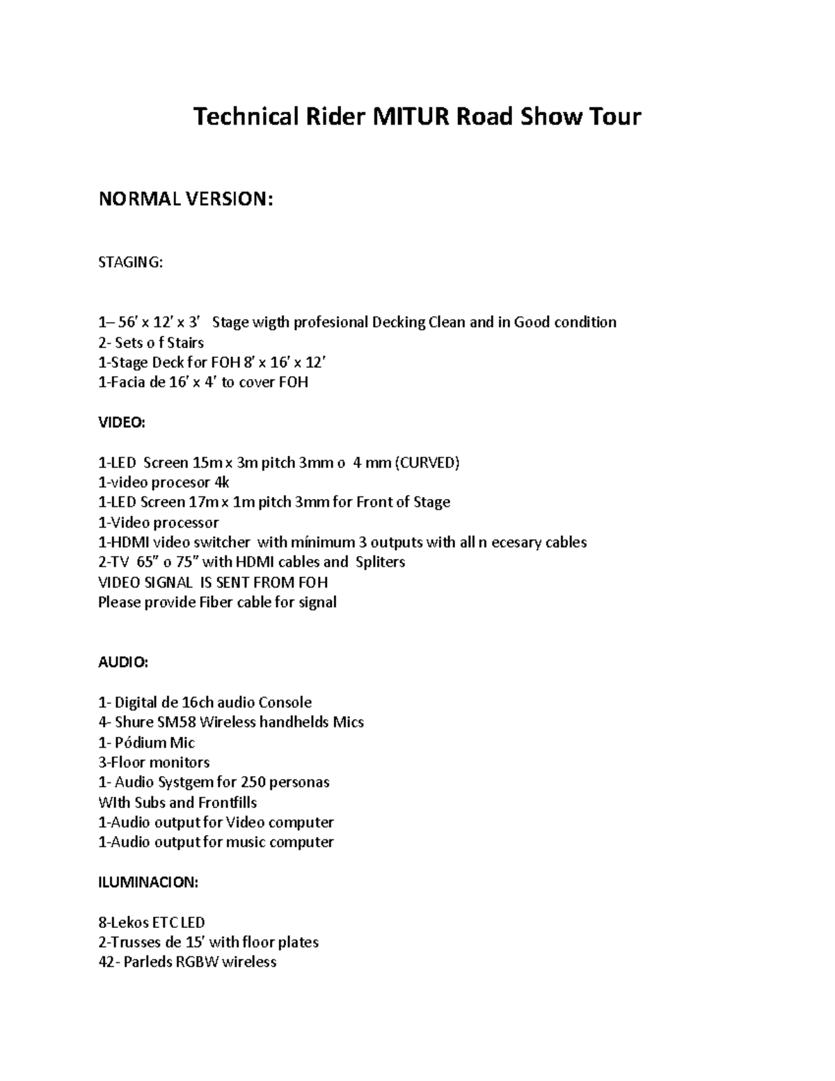 Technical Rider Mitur Road Show Tour - Technical Rider MITUR Road Show ...