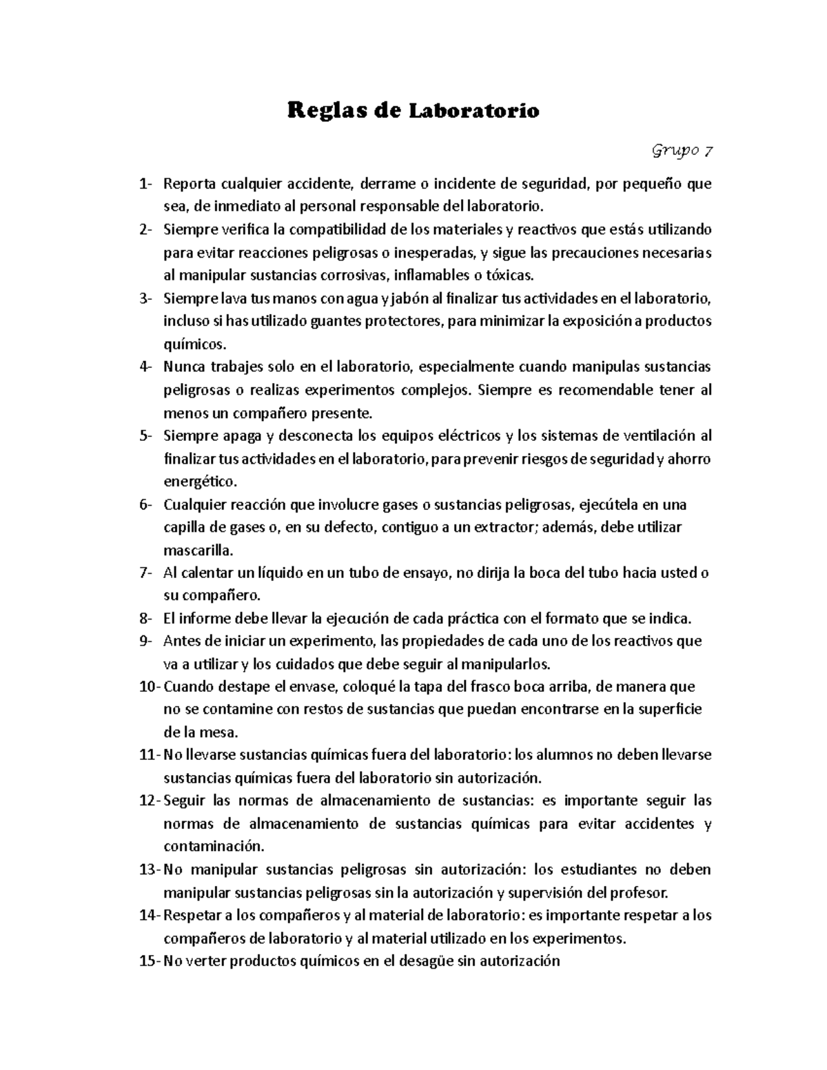Reglas del laboratorio - Reglas de Laboratorio Grupo 7 1 - Reporta ...