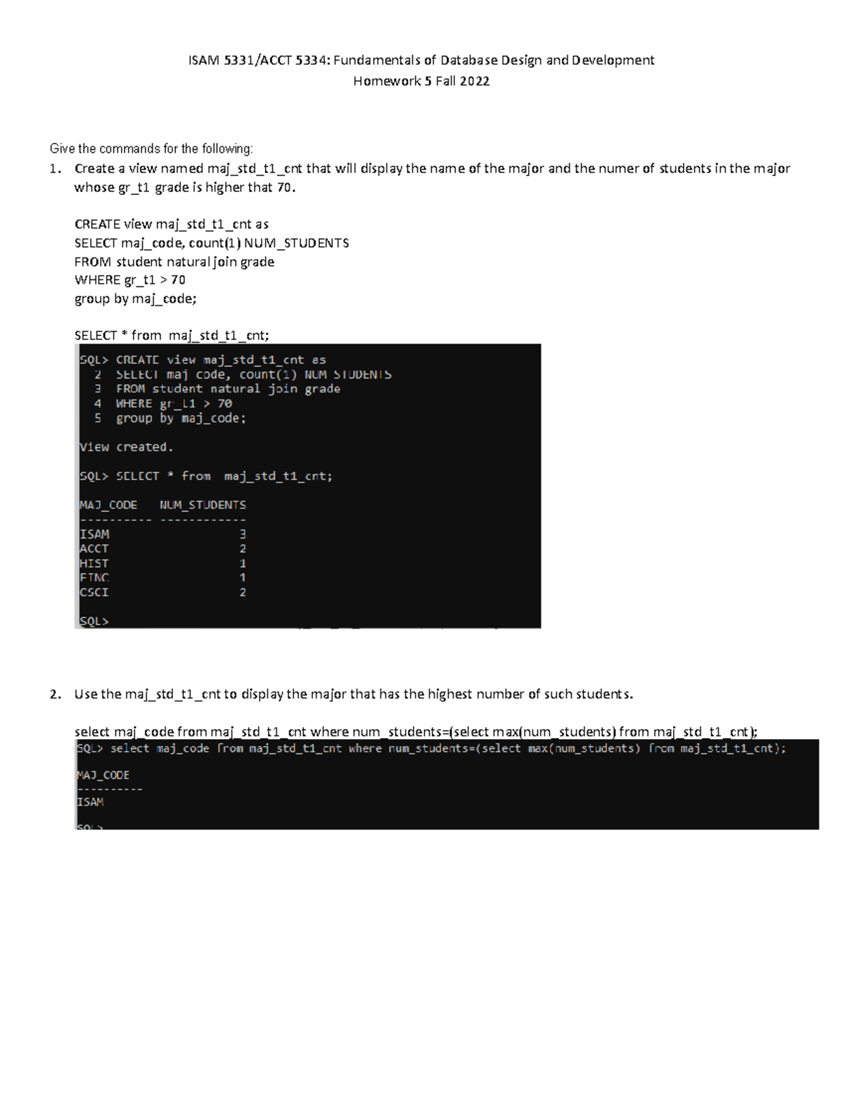 5333 c Homework 5 - SQL practice - ISAM 5331/ACCT 5334: Fundamentals of Database Design and ...