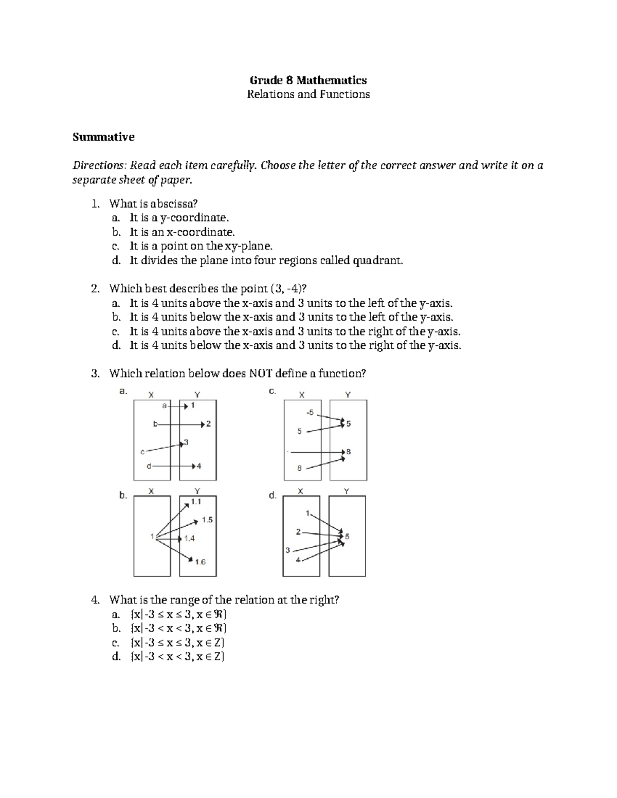 Grade 8 Mathematics Summative - Grade 8 Mathematics Relations and ...