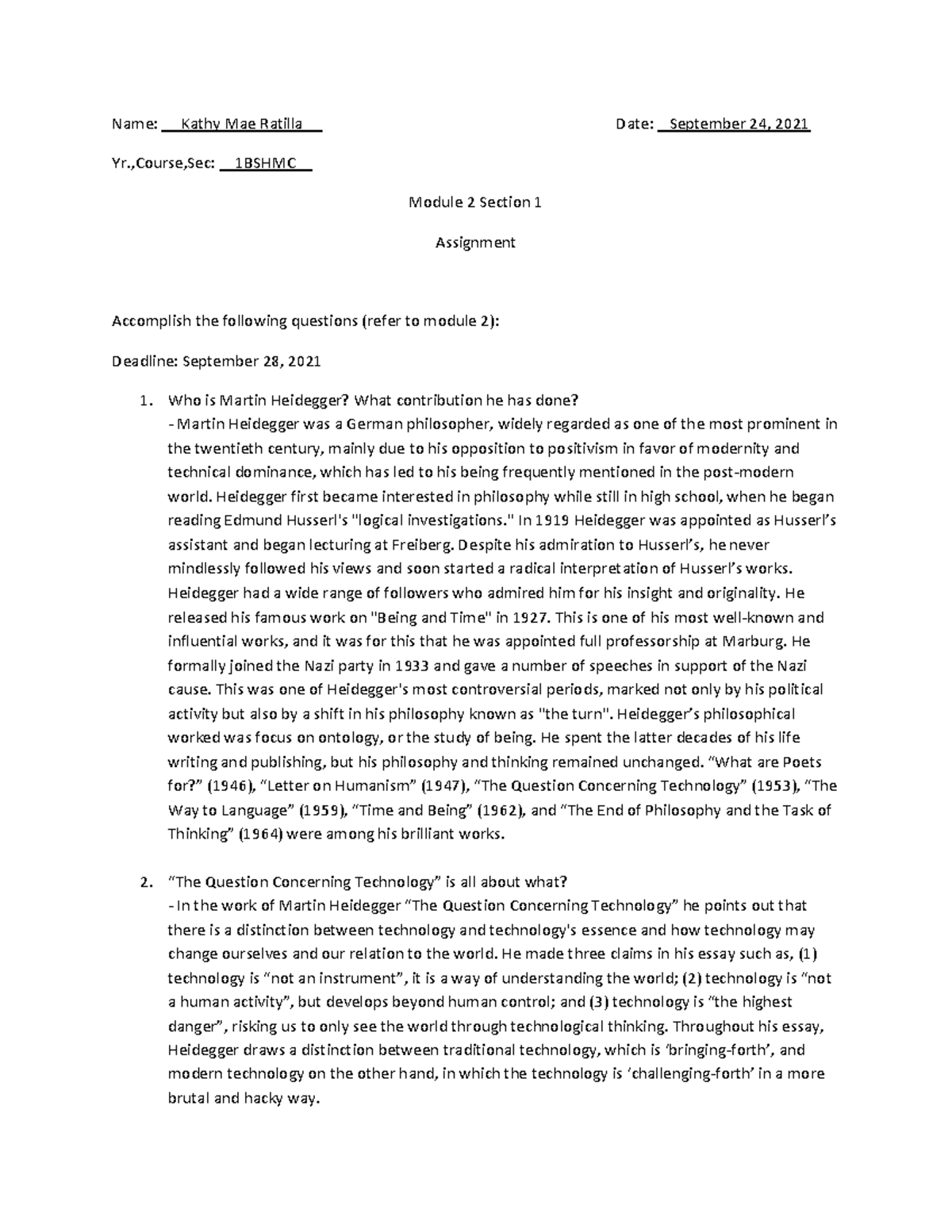 Module 2 Section 1 (Ratilla) - Name: Kathy Mae Ratilla Date: September ...