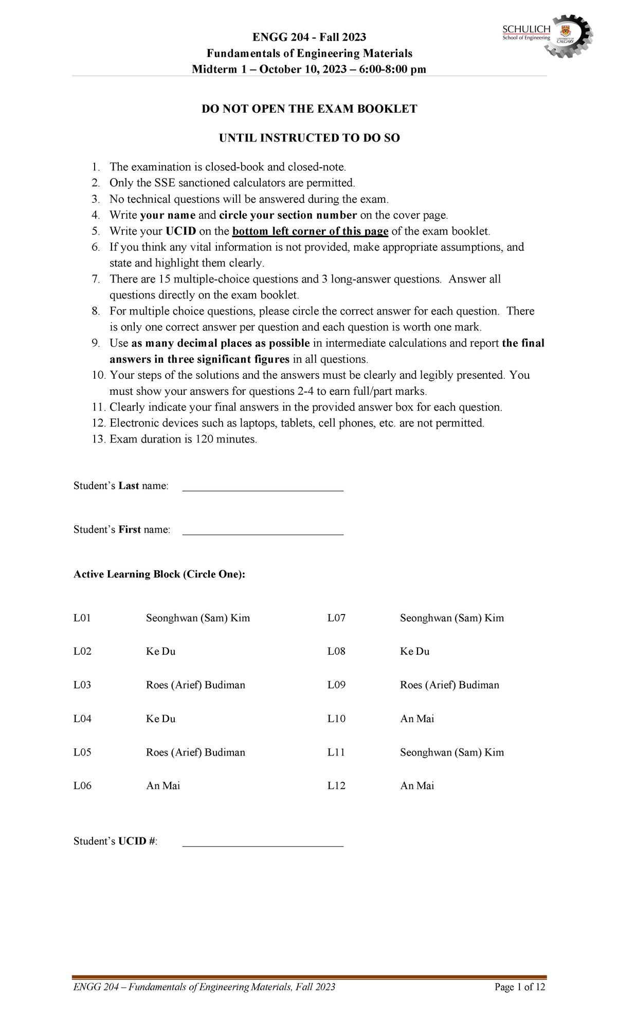 Midterm 1 cover pages - good stuff - ENGG 204 - Fall 2023 Fundamentals ...