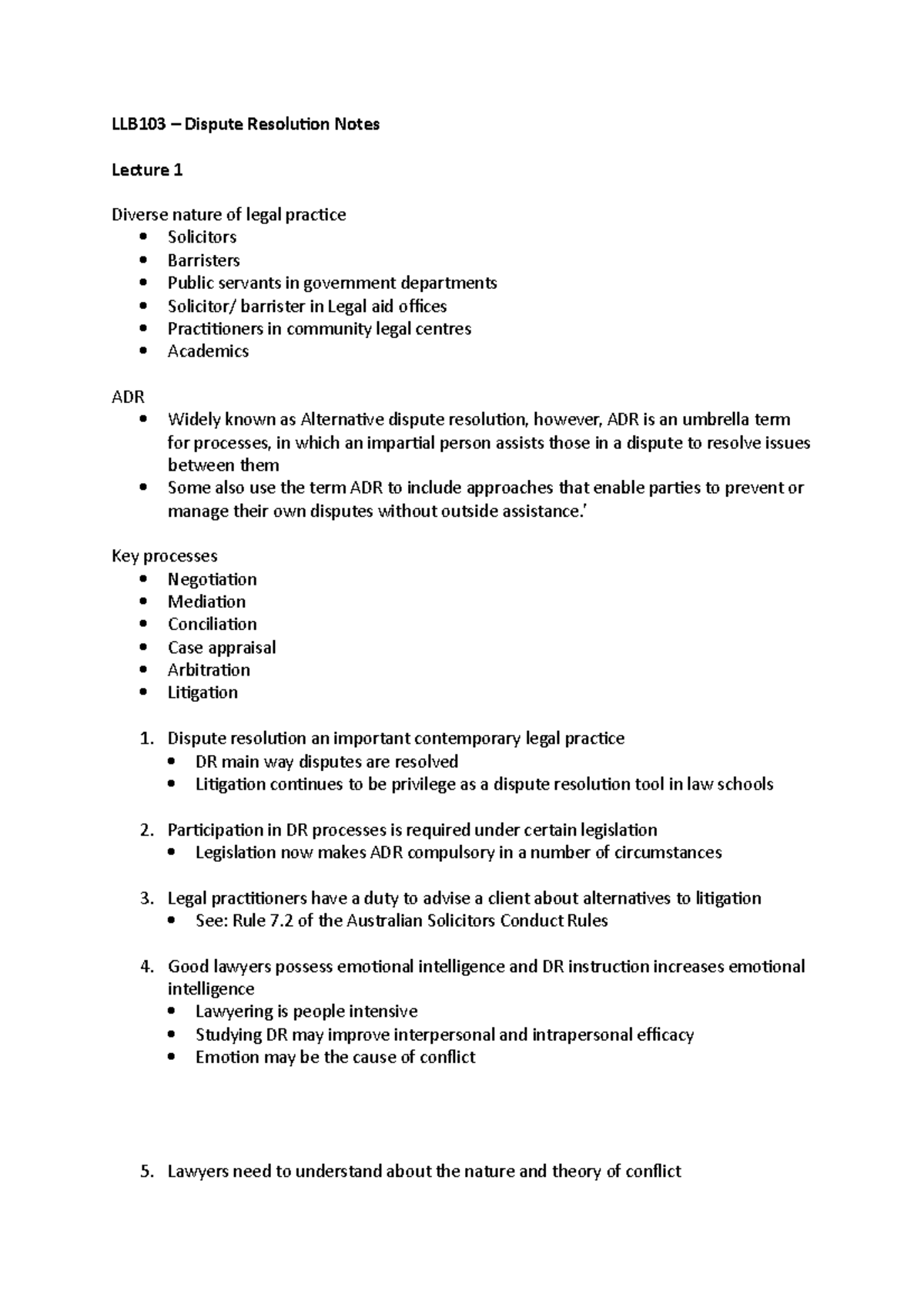 LLB103 – Dispute Resolution Notes - ’ Key processes Negotiation ...