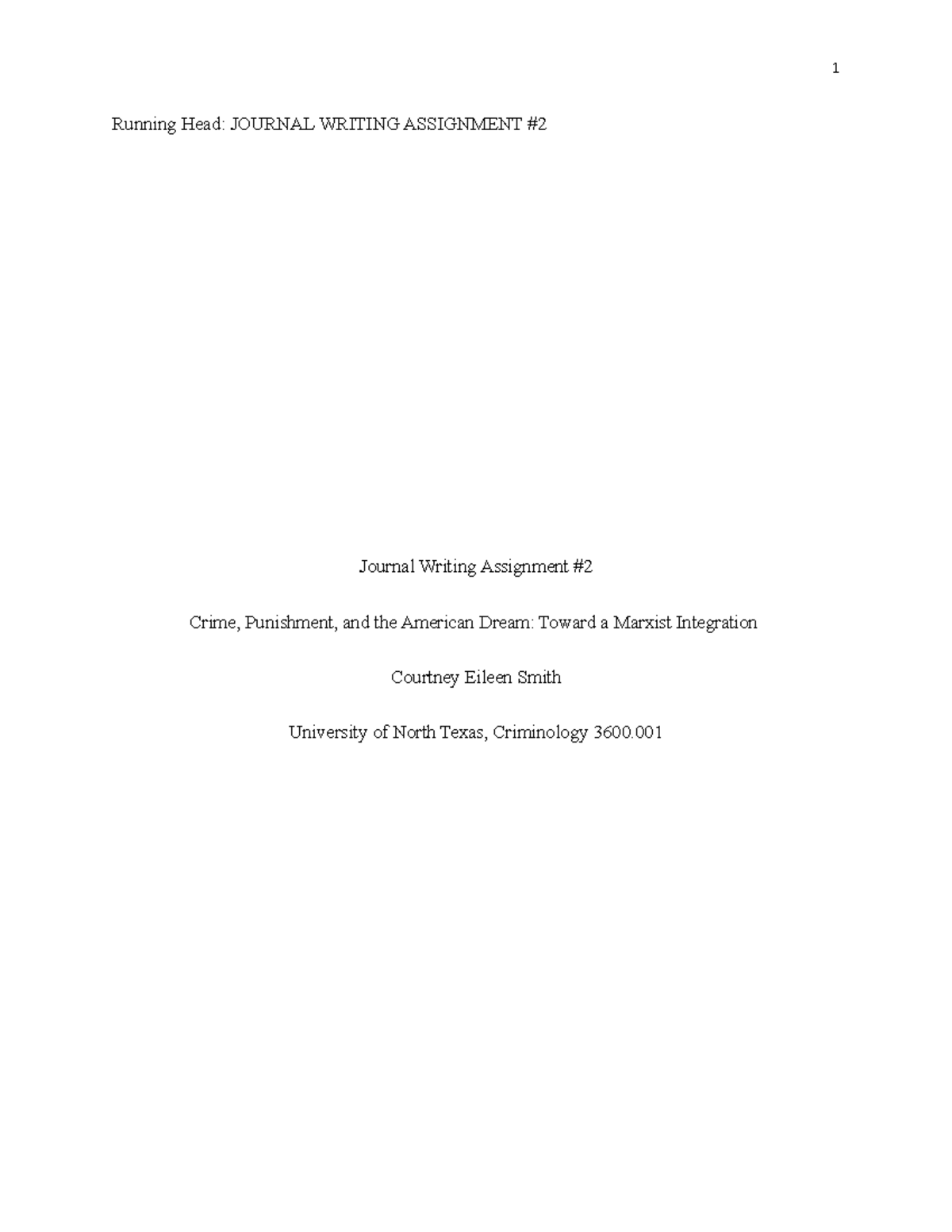 Journal Writing Assignment #2 - JOURNAL WRITING ASSIGNMENT Messner and ...