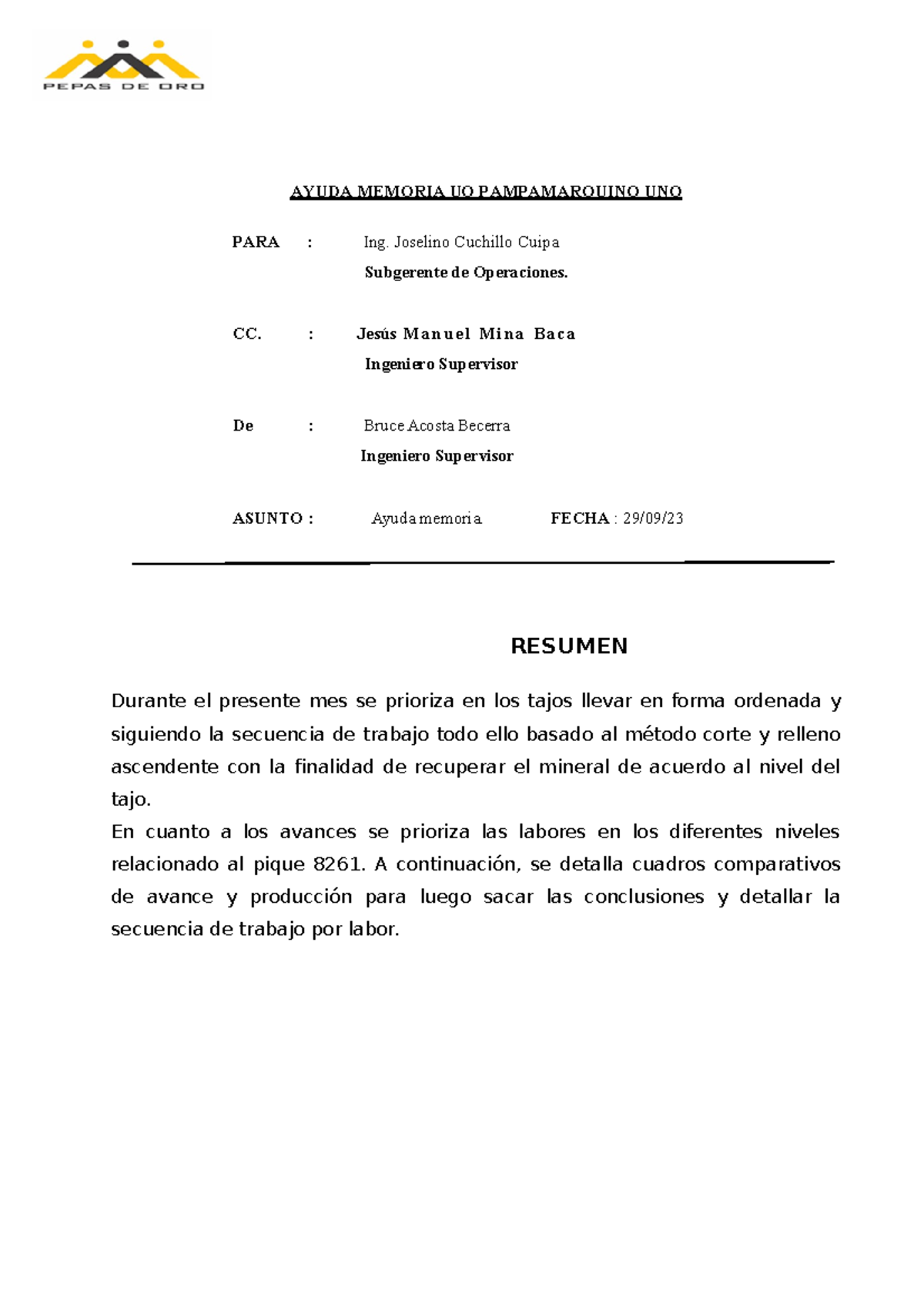 Informe Y Ayuda DE Memoria - AYUDA MEMORIA UO PAMPAMARQUINO UNO PARA ...