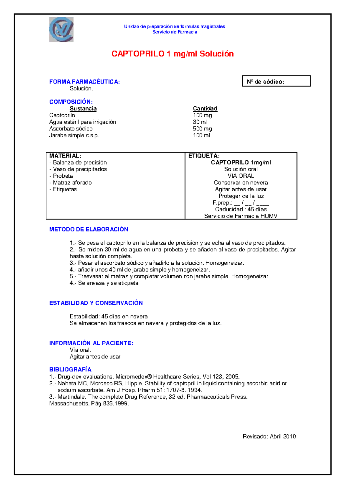 Captoprilo - formula magistral pediatrica - Unidad de preparación de ...
