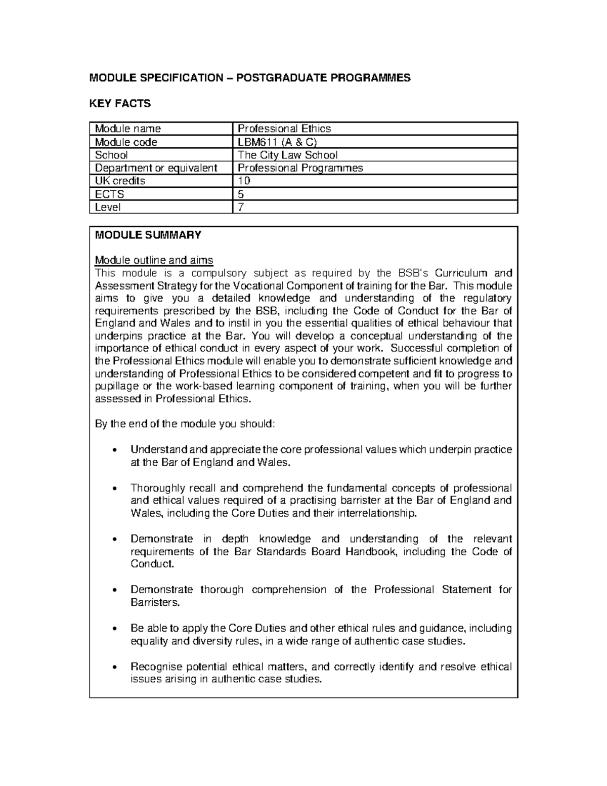LBM611 (AC) Professional Ethics - MODULE SPECIFICATION – POSTGRADUATE ...