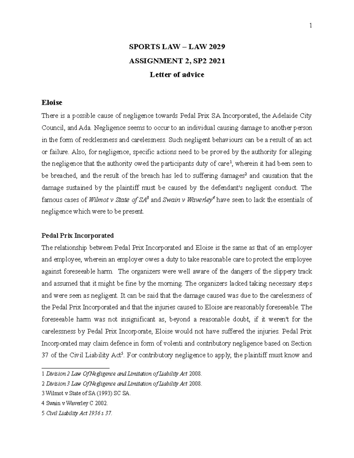 Sport law -letter of advice - SPORTS LAW – LAW 2029 ASSIGNMENT 2, SP2 ...