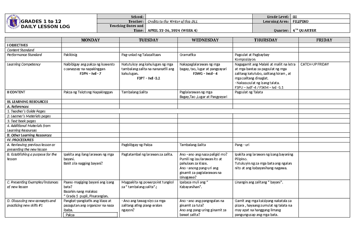DLL Filipino 3 Q4 W4 - Deped - GRADES 1 to 12 DAILY LESSON LOG School ...