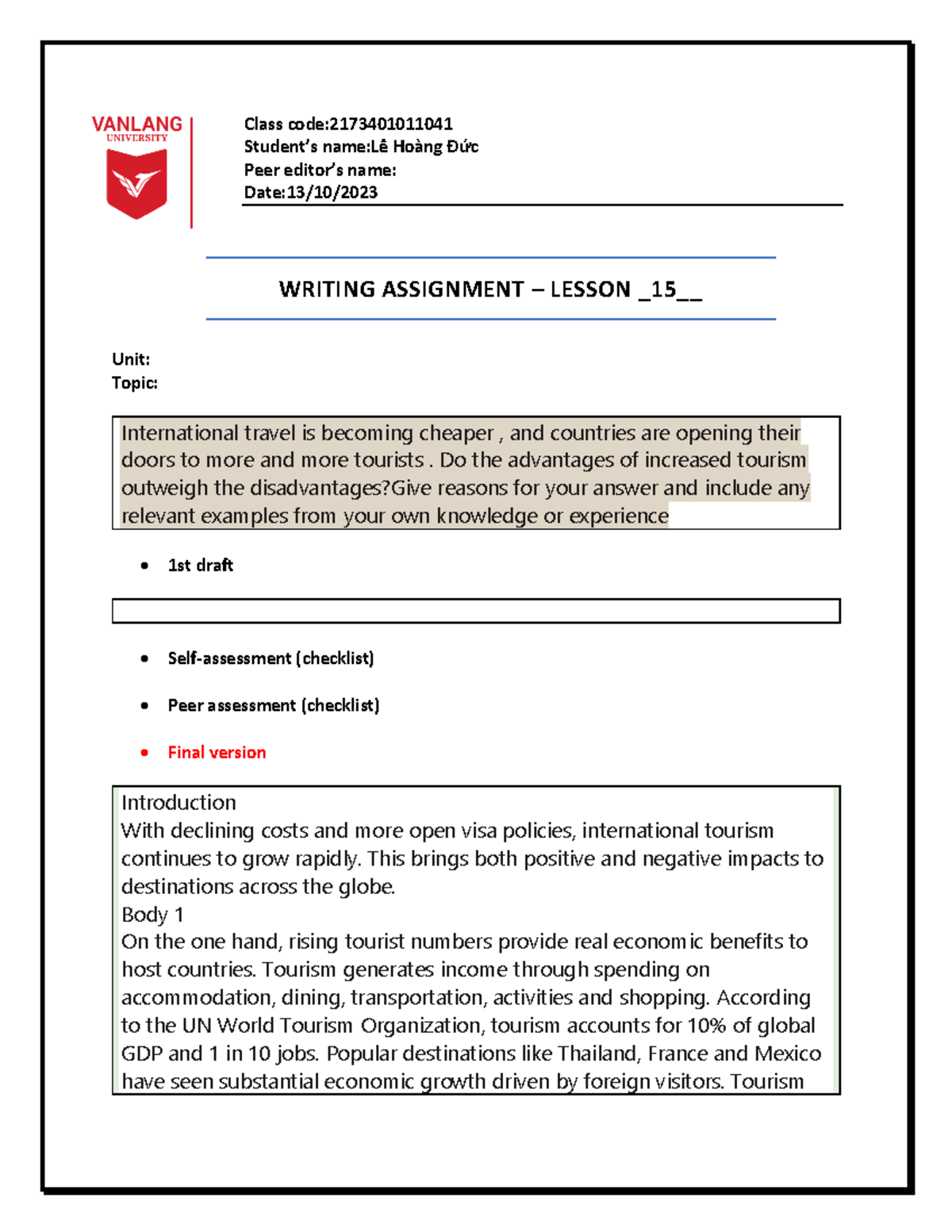 Template Writing assignment LÊ Hoàng ĐỨC - Class code: 2173401011041 ...