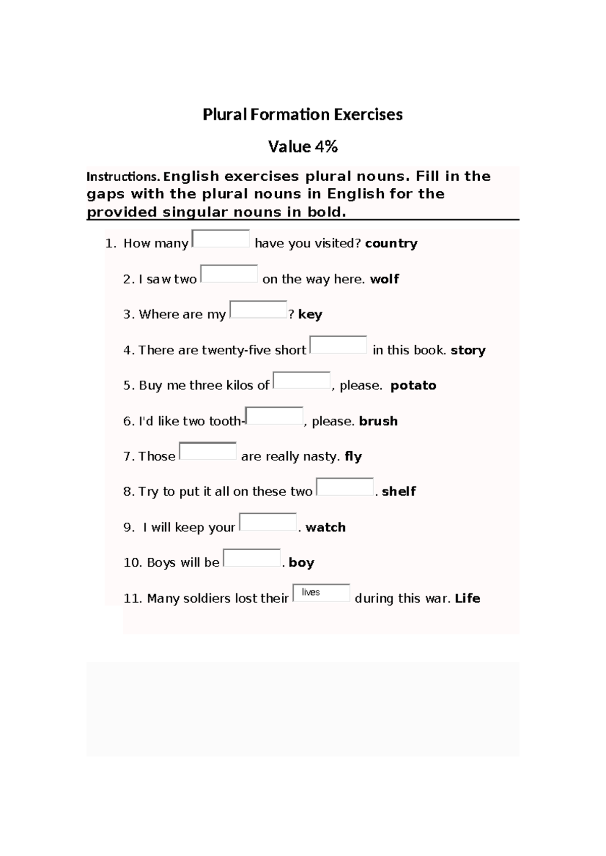 Plural Formation Exercises English I - Plural Formation Exercises Value ...