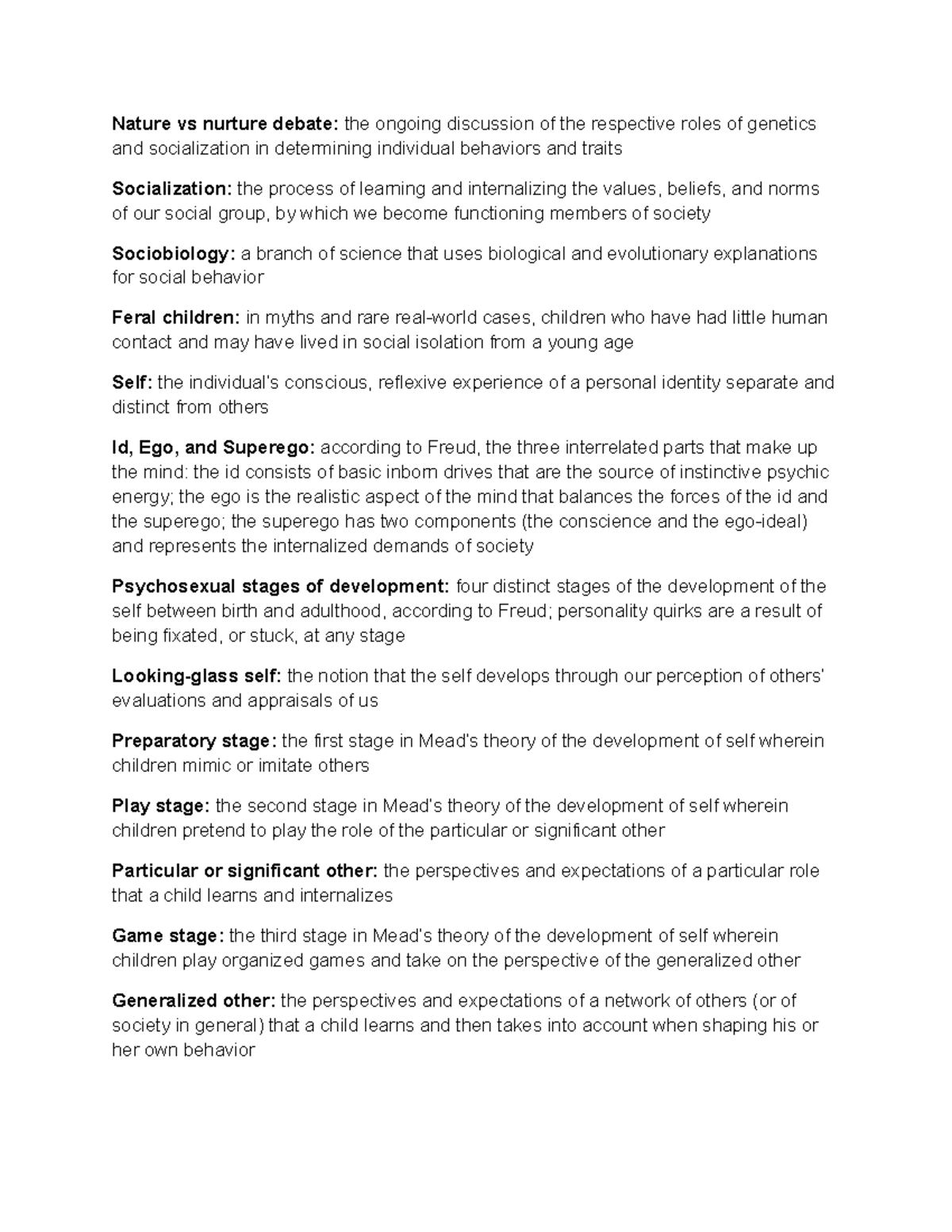 Introduction to Sociology Chapter 4 Vocab - Nature vs nurture debate ...