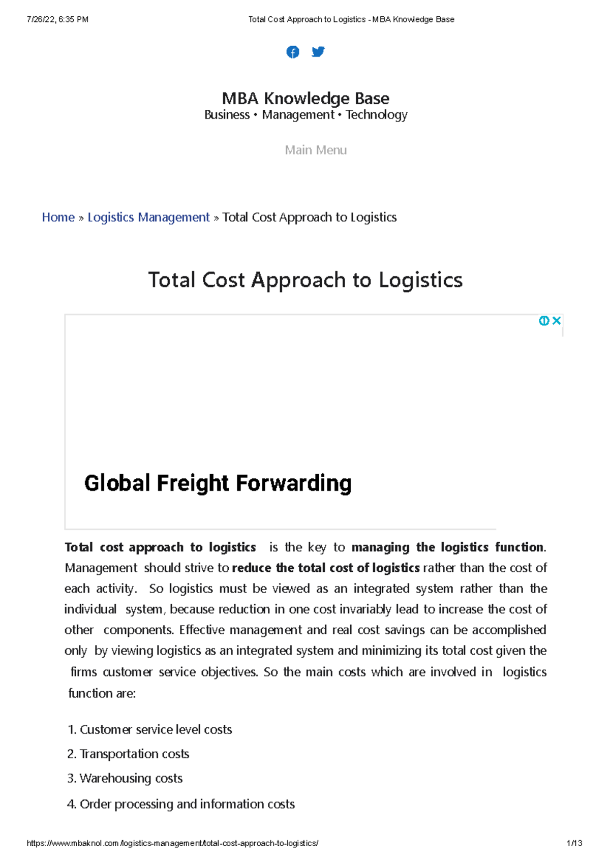 Total Cost Approach to Logistics - MBA Knowledge Base - Home ...