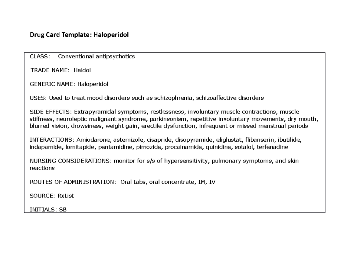 1-25-23 Drug cards - N/a - Drug Card Template: Haloperidol CLASS ...