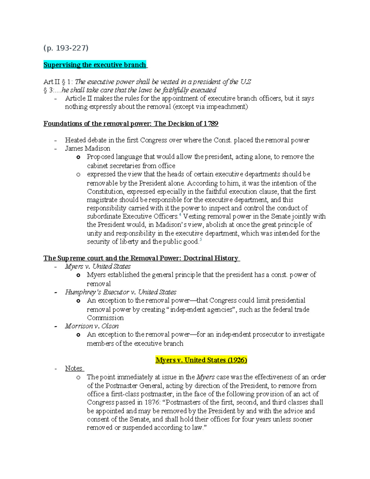 Assignment 10 - (p. 193-227) Supervising the executive branch Art II ...