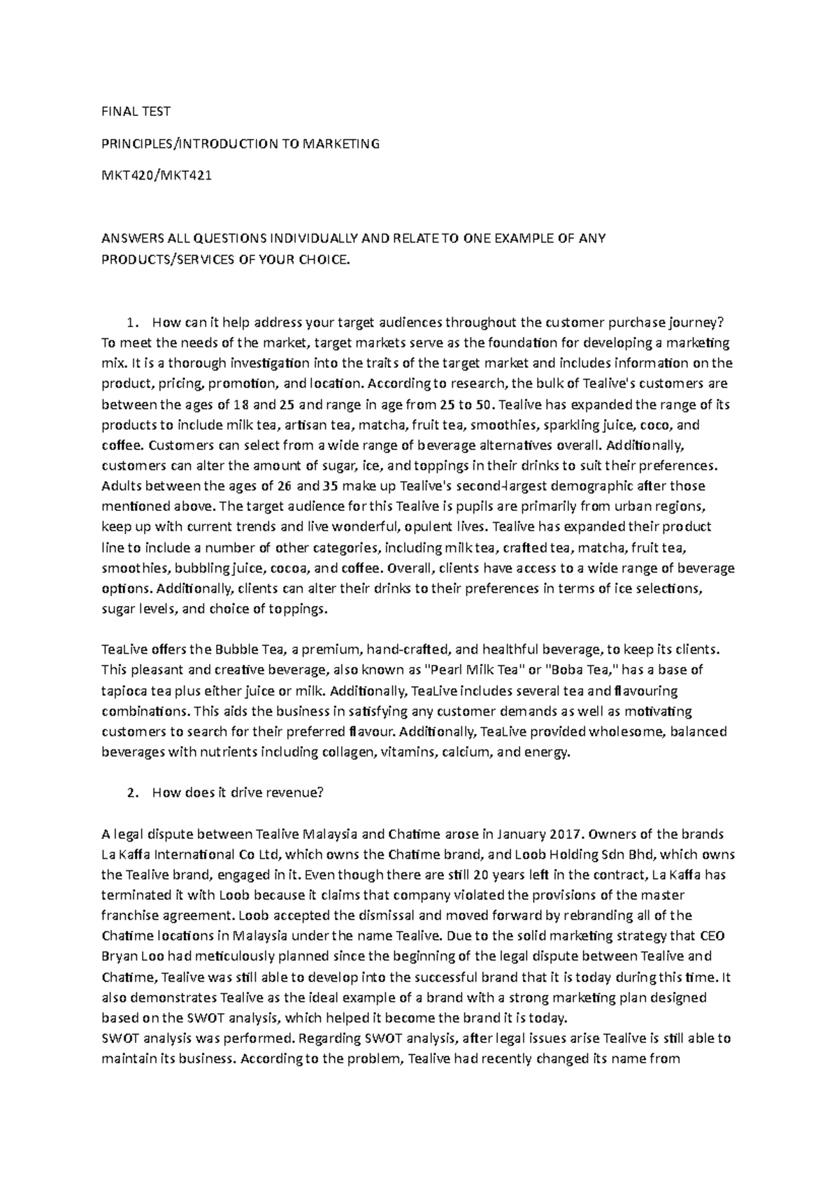 Final TEST Marketing - FINAL TEST PRINCIPLES/INTRODUCTION TO MARKETING ...