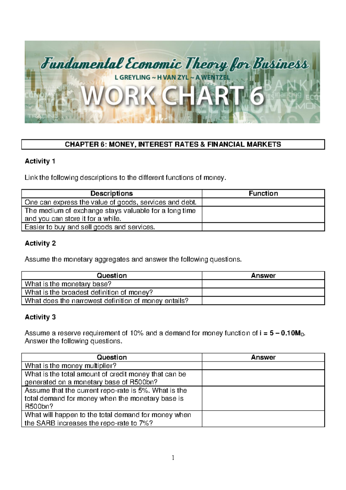 Work Chart 6 - 1 CHAPTER 6: MONEY, INTEREST RATES & FINANCIAL MARKETS ...