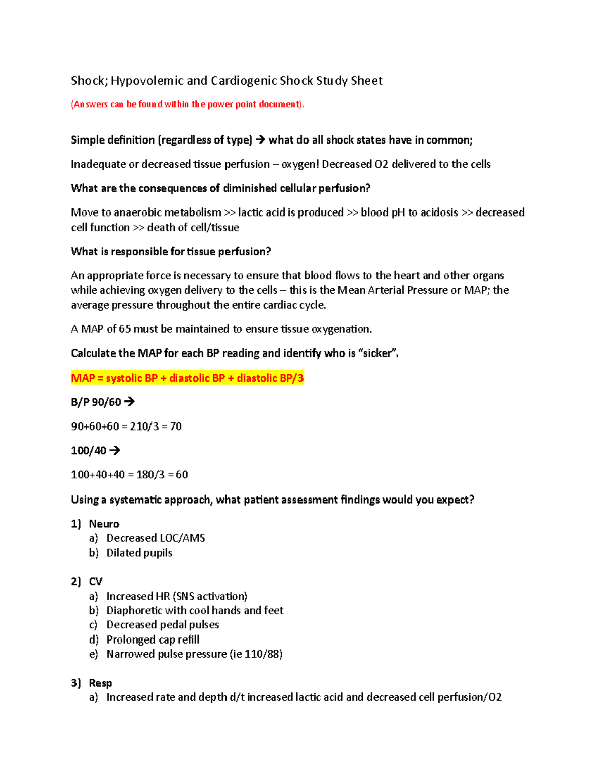 Shock. Hypovolemic and Cardiogenic study sheet - Shock; Hypovolemic and ...