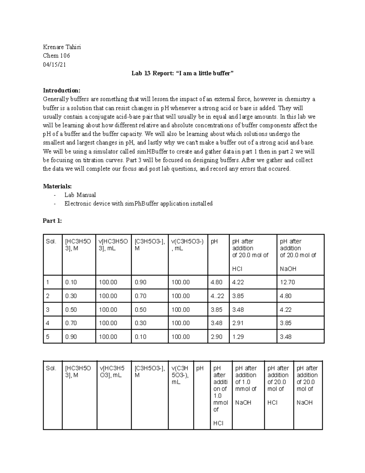 Lab 13 report - lab 13 - Krenare Tahiri Chem 106 04/15/ Lab 13 Report ...