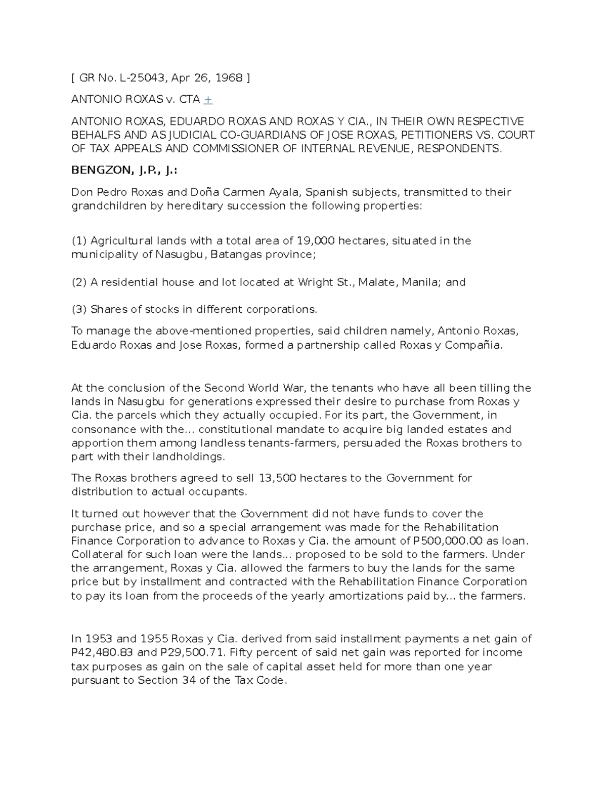 Laws - income tax - [ GR No. L-25043, Apr 26, 1968 ] ANTONIO ROXAS v ...