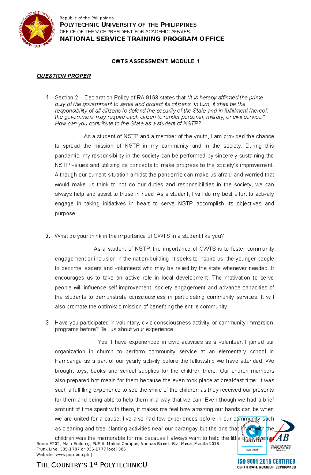Civic Welfare Training Service - NSTP Assessment 1 - Republic of the ...