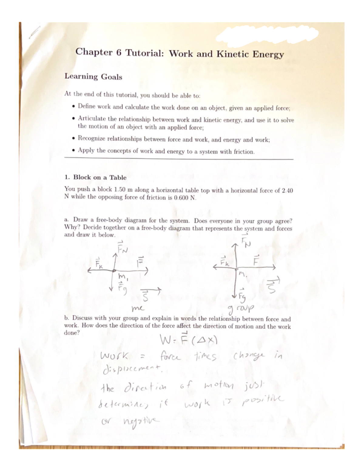Chapter 6 Tutorial Work and Kinetic Energy - Chapter 6 Tutorial: Work ...