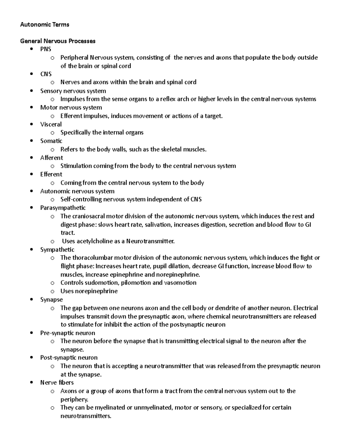 Autonomic Nervous System Terminology - Autonomic Terms General Nervous ...