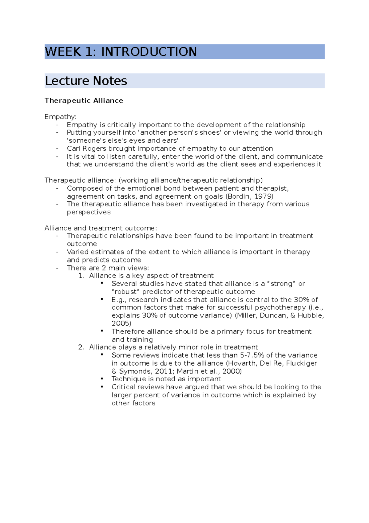 PSYU2201 Study Notes - WEEK 1: INTRODUCTION Lecture Notes Therapeutic ...