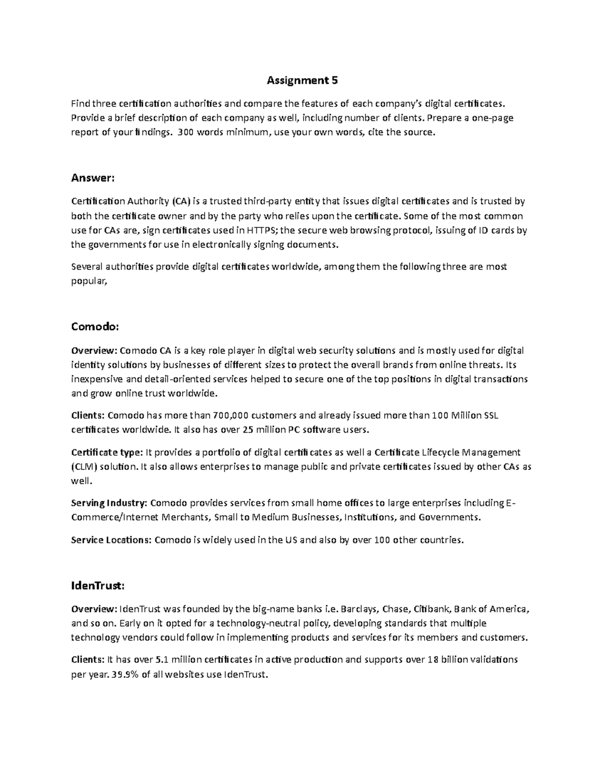 Assignment 5 - Provide a brief description of each company as well ...