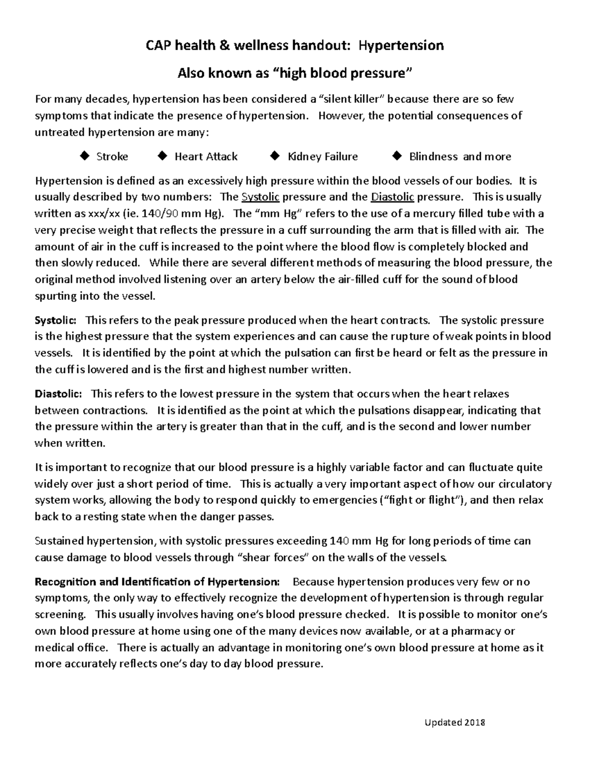 Hypertension handout C58212 B89B6E1 - CAP health & wellness handout ...