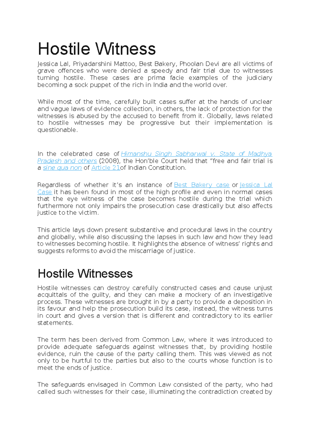 Hostile Witness - Important notes - Hostile Witness Jessica Lal ...