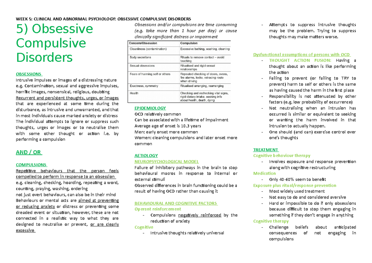 Week 5 - OCD and related disorders - WEEK 5: CLINICAL AND ABNORMAL ...