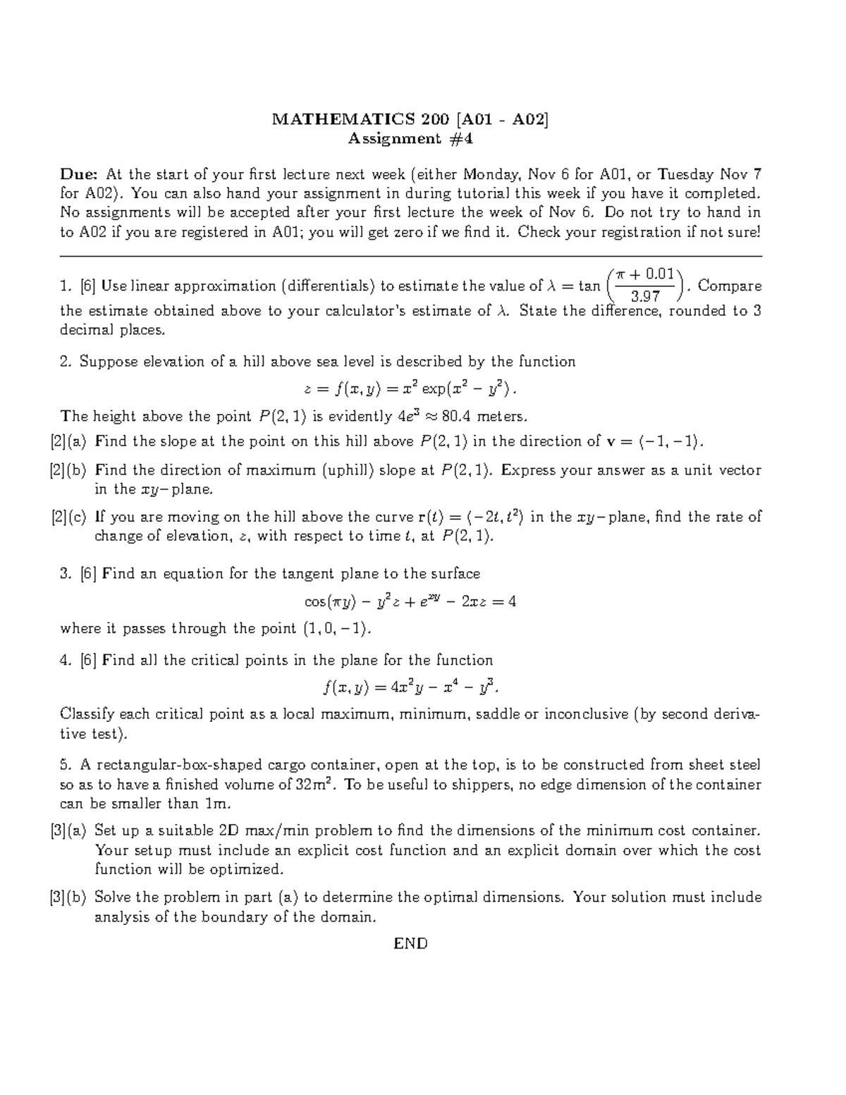 Math 200 - Assignment 4 - MATHEMATICS 200 [A01 - A02] Assignment # Due ...