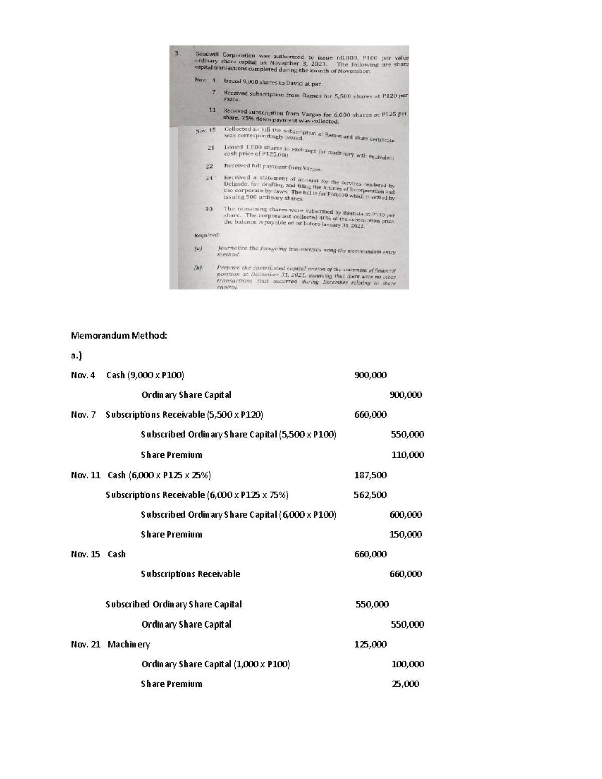 3 & 4 - notes - Memorandum Method: Ordinary Share Capital 900, Nov. 7 ...