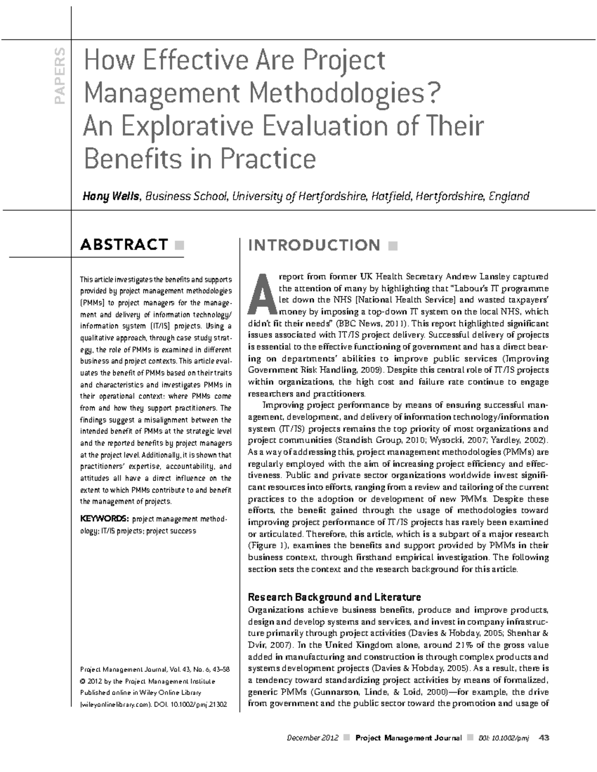 Project Management Journal - 2012 - Wells - How Effective Are Project ...