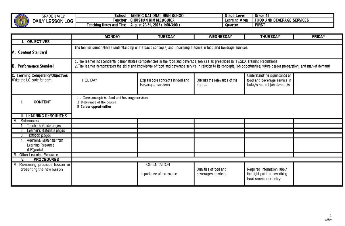 KIM (DLL) FBS -1ST Wweek - GRADE 1 to 12 DAILY LESSON LOG School TANDOC ...