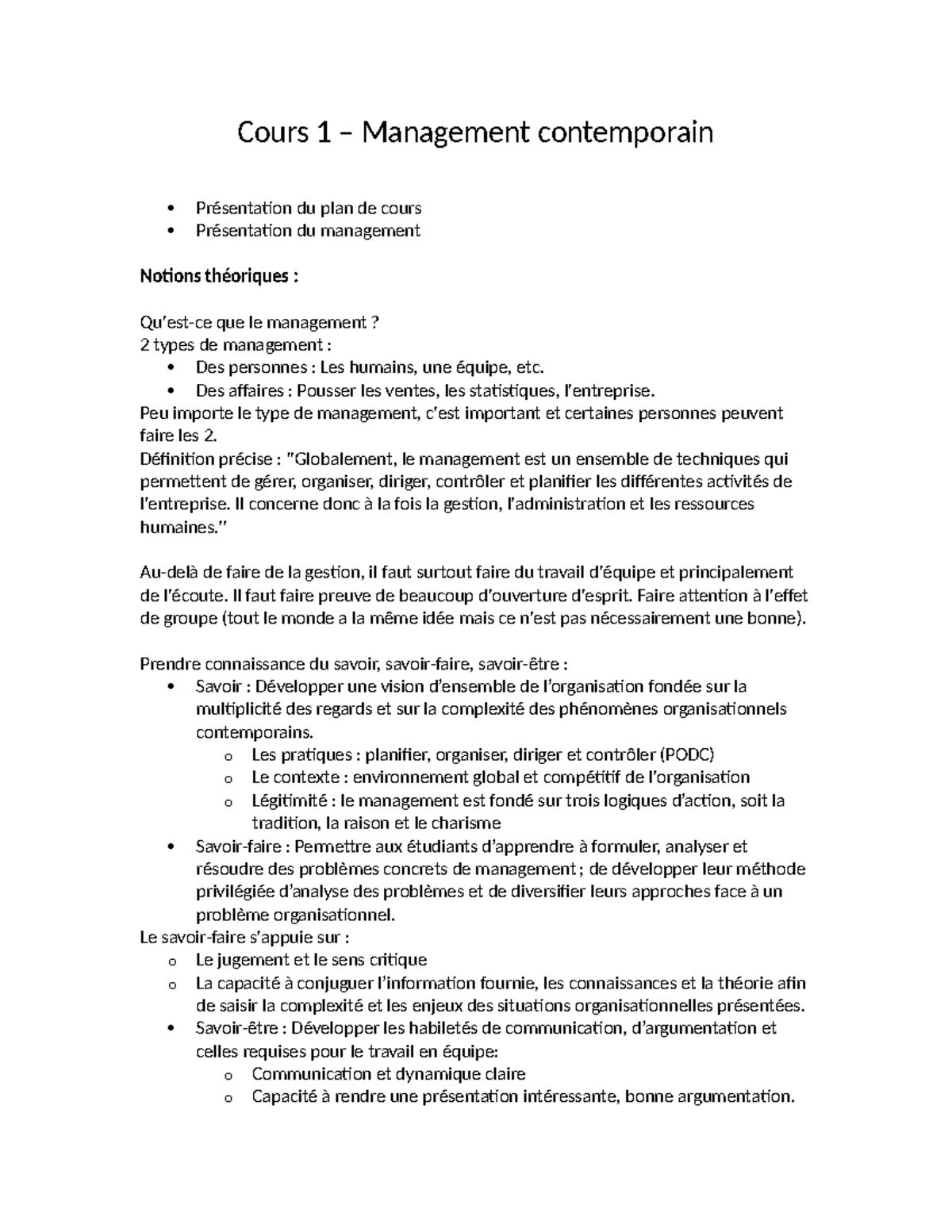 Cours 1 Management - Cours 1 – Management contemporain Présentation du plan de cours - Studocu