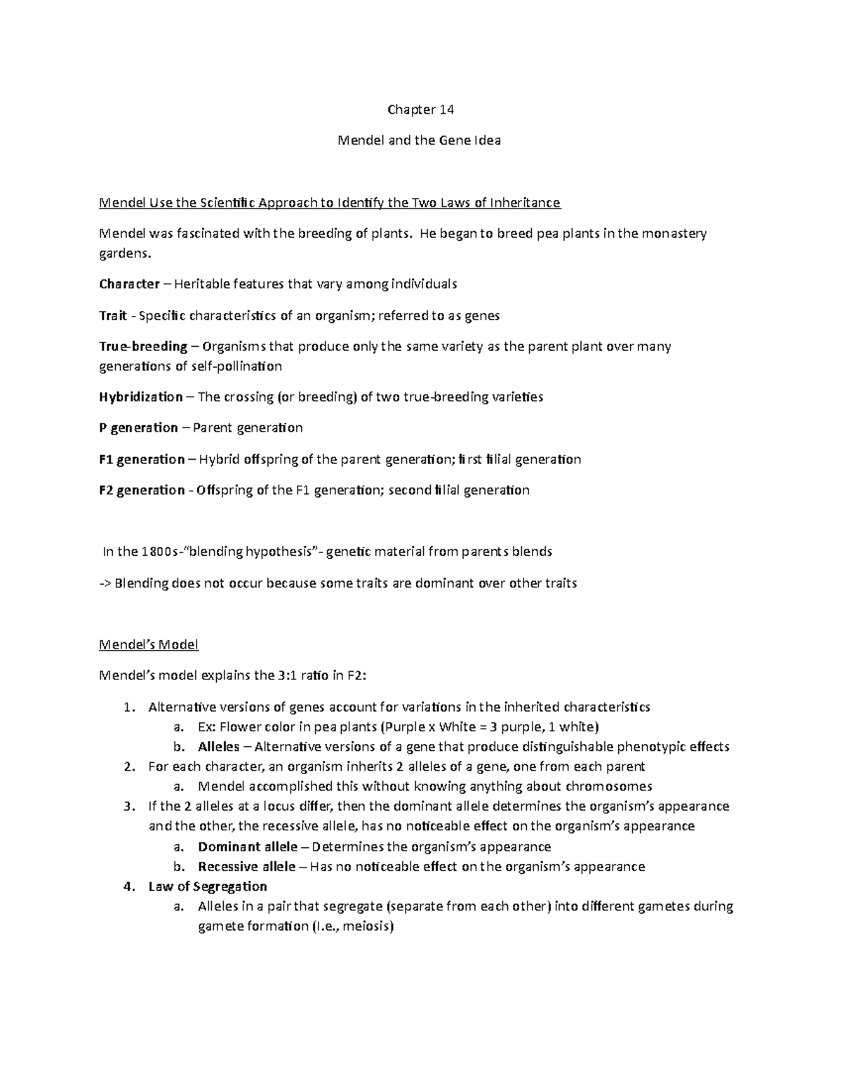 Biology - Chapter 14 Notes - Chapter 14 Mendel and the Gene Idea Mendel ...