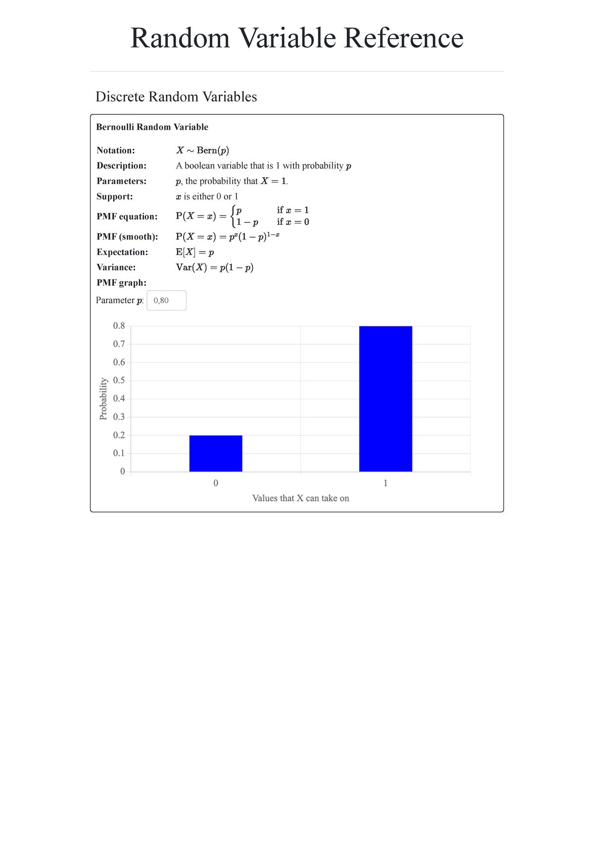 Random Variable Reference - Random Variable Reference Discrete Random Variables Bernoulli Random ...